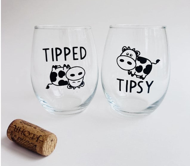 Tipped and Tipsy Cow Stemless 2pc Wine Glass Set - 15 ounces each ...
